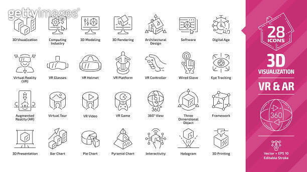 3D visualization outline icon set with virtual & augmented reality (VR ...