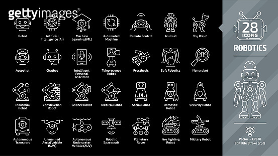 Robotics industry editable stroke outline icon set on a black ...