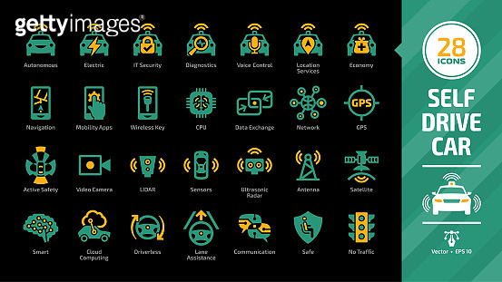Autonomous car icon set on a black background with driverless self ...
