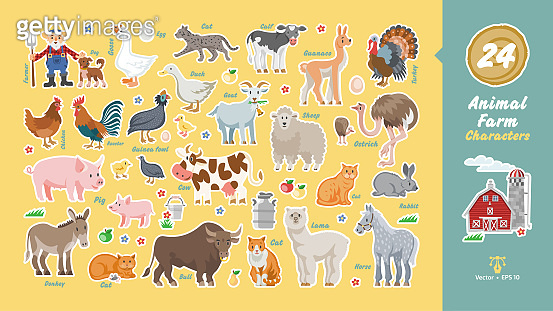 Animal farm characters set with farmer, dog, barn, cow, sheep, donkey ...