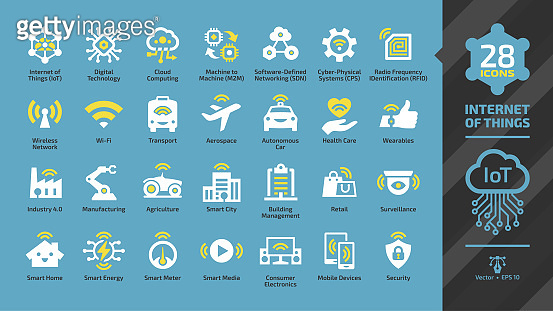 Internet of things glyph icon set on a blue background with wireless ...
