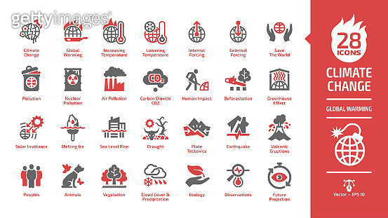 Climate change or global warming danger red color glyph icon set with ...
