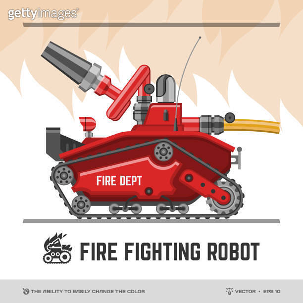 Fire fighting robot flat illustration with mobile autonomous tracked ...