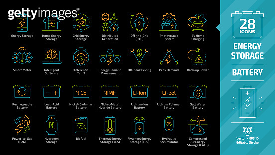 Energy storage color outline icon set on a black background with ...