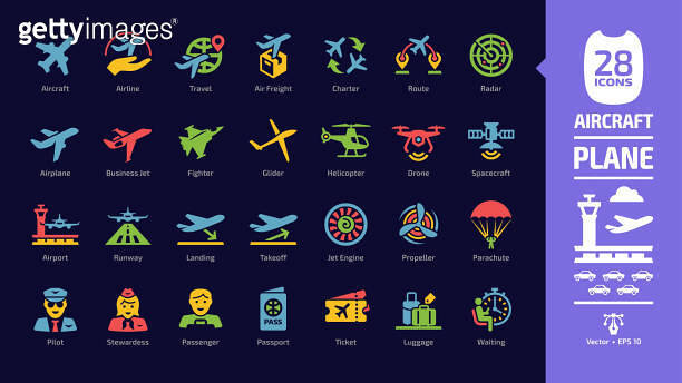 Aircraft color icon set in dark mode with flight plane glyph symbols ...