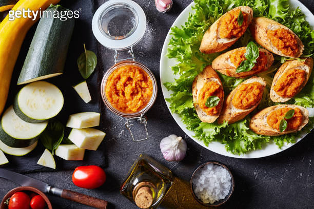 Toasted bread bruschetta with vegetable Mash, Puree, caviar cooked of ...