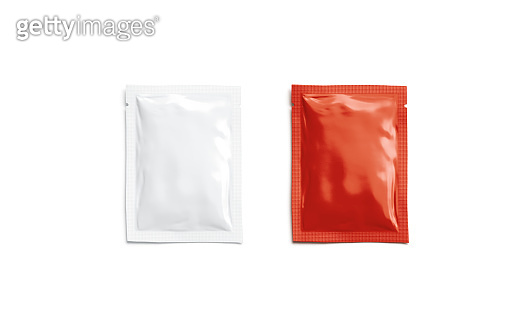 Blank red and white sachet packet mockup, isolated, top view ...