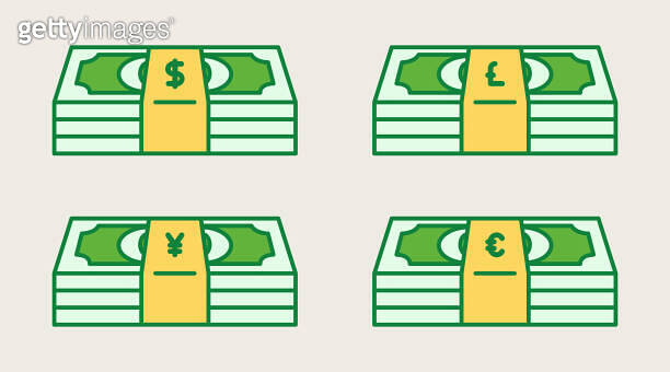 Stack of Money Symbol Icon Vector. Dollar. Pound. Yen. Euro ...