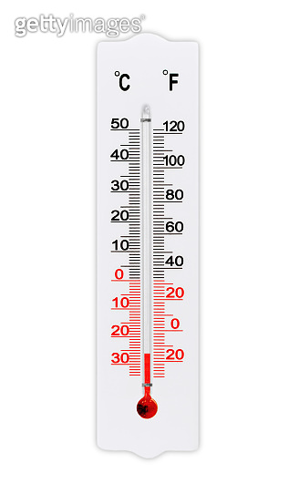 Atmospheric plastic meteorology thermometer isolated on white ...