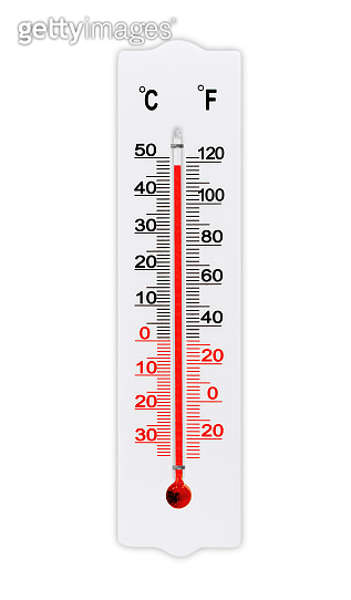 Atmospheric plastic meteorology thermometer isolated on white ...