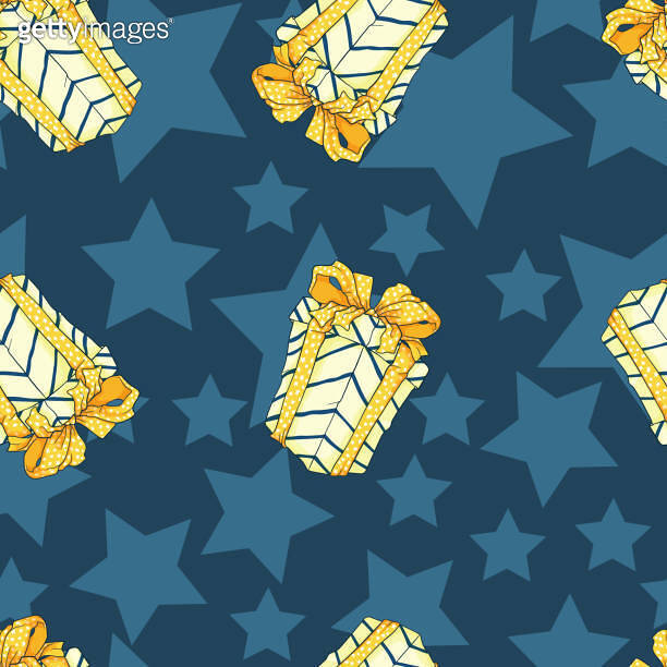 Vector seamless hand draw pattern with pastels yellow gifts boxes with ...