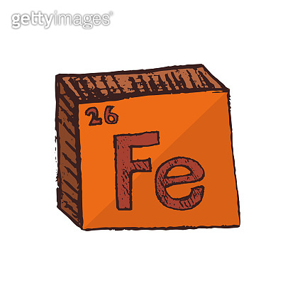 Vector three-dimensional hand drawn chemical symbol of iron or ferrum ...