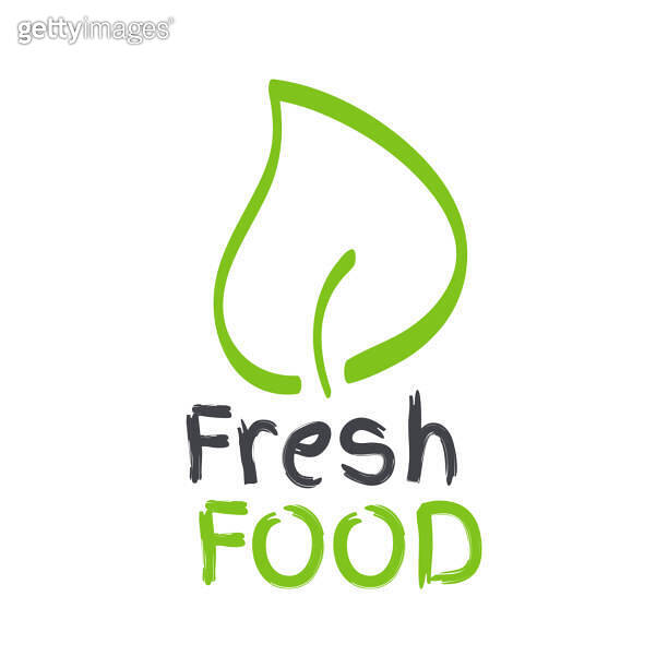 Fresh food label with leaf. Green and grey vector sign. Symbol for food ...