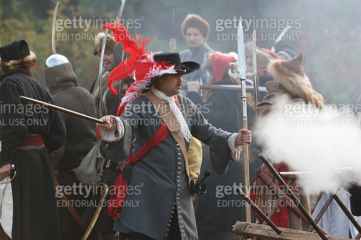 Members of history club wear historical uniform 17 century during ...
