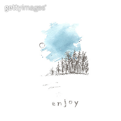 Hand drawn winter landscape with forrest, snow field, sky and sun. 이미지 ...