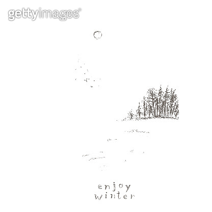 Hand drawn winter landscape with forrest, snow field, sky and sun 이미지 ...