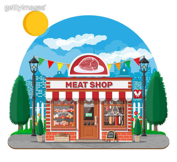 Vintage butcher shop store facade with storefront. 이미지 (1176708634 ...
