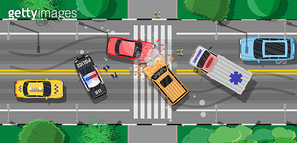 Road accident between two cars on crossroad 이미지 (1171092672) - 게티이미지뱅크