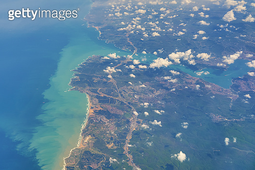 Aerial top view of the Bosporus strait entrance from the Black Sea side ...