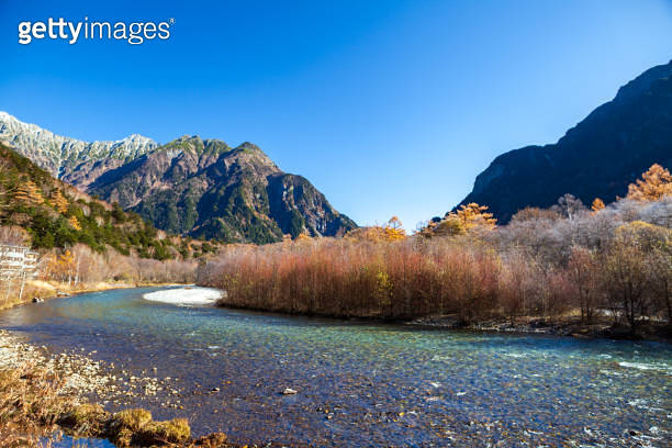 Kamikochi Japan, Azusagawa river and Larch trees,Kamikochi National ...