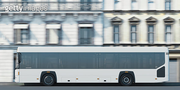 Modern white realistic coach bus at cityscape background. 3d rendering ...