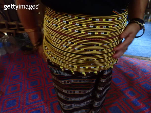Closeup with traditional Rungus women costume from Kudat, Sabah ...