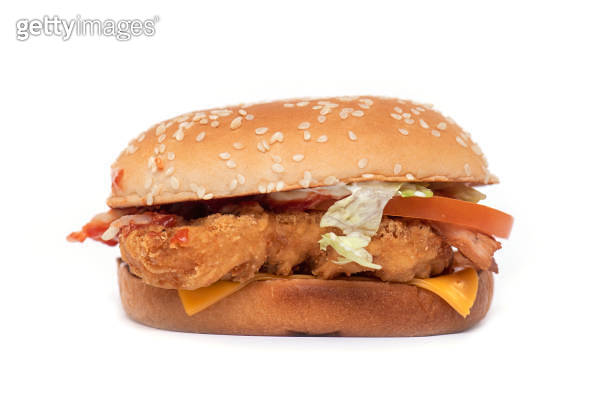 Not delicious hamburger with fat meat and cheese as fast Food isolated ...