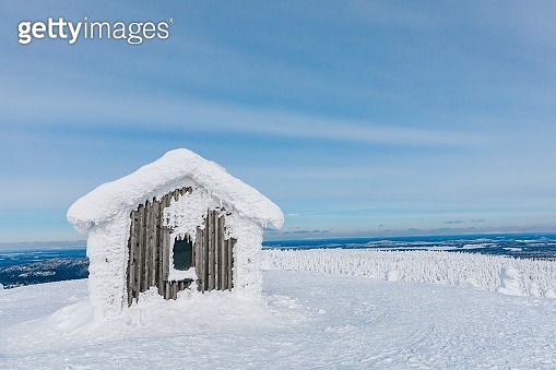 Winter snow covered wood hut. Frozen log cabin in Finland (1093068078 ...
