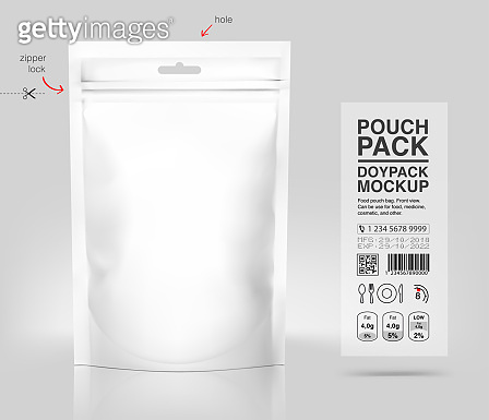 Realistic flow pack mockup with product information. (1187749600) - 게티이미지뱅크
