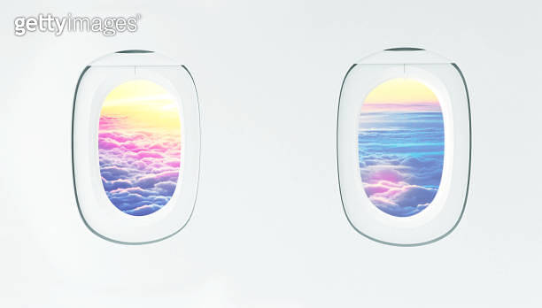 3D rendering of View from airplane. Flight window.Vacation destinations ...