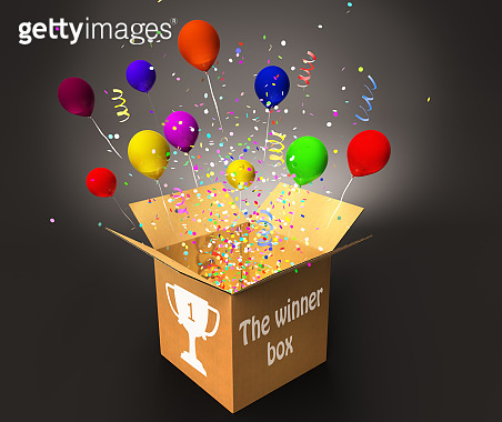 winner box with confetti and colorful balloons, win and prizes concept ...