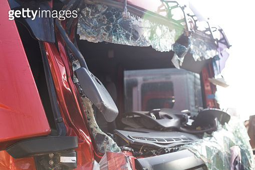 Broken front window of car in traffic accident. After the car crash ...