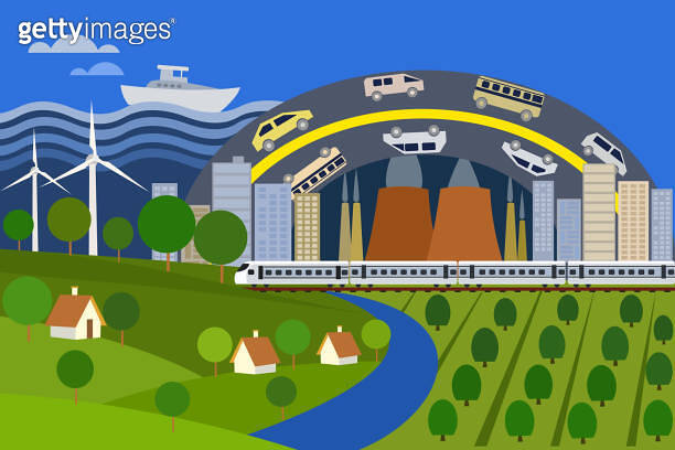 Collage of urban and rural landscapes. Concept for eco friendly living ...