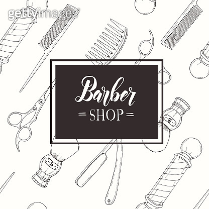 Barber Shop background with lettering and seamless pattern with doodle ...