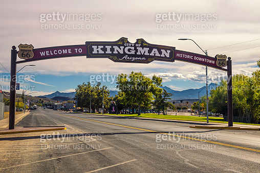 Welcome to Kingman downtown street sign located on historic route 66 ...