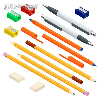 Isometric set of colored engineering and office pens, sharpened pencils ...