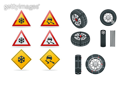 Snow chains on tire. Slippery road. Traffic signs and Tire With Mounted ...