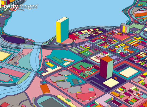 art illustration map,3D Oakland city structure,near lake Merritt ...
