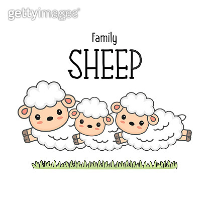 Happy sheep family. Mom dad and baby sheep cartoon on the grass ...
