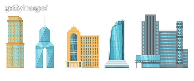High-rise city skyscrapers. Exterior of buildings, facades ...