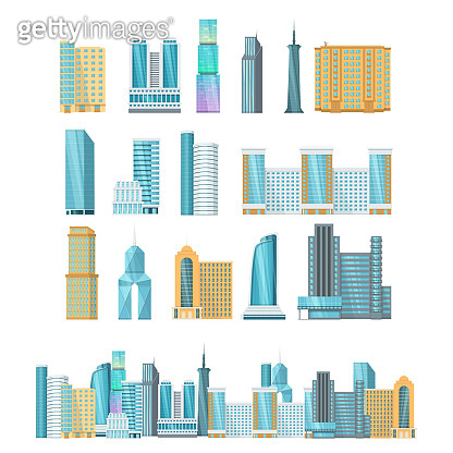 High-rise city skyscrapers. Exterior of buildings, facades of ...