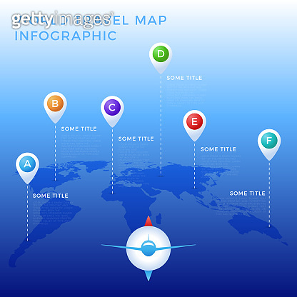 World travel map infographic template, color icons as data ...