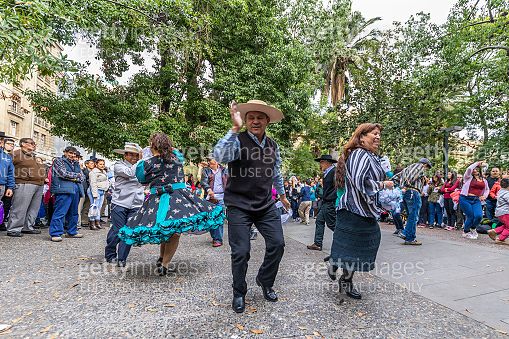 The typical "Cueca" dancers at Santiago de Chile, is the traditional ...