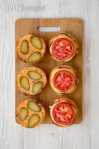 Cooking cheeseburger step-by-step, view from above. Overhead, top view ...
