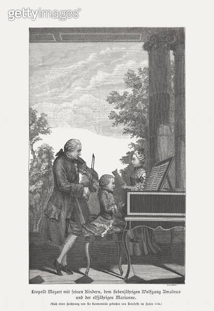 The Mozart family playing music, wood engraving, published in 1885 이미지 ...