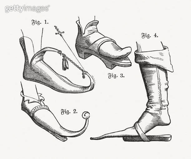 Cracowes (Poulaines) - medieval shoe fashion, wood engravings ...