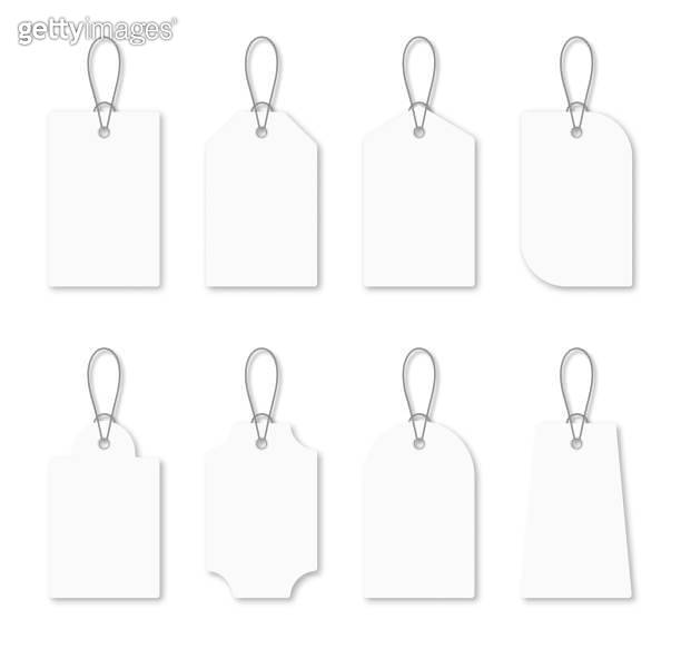 Set of blank white tags with rope. White shopping labels and price tags ...
