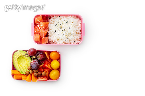Creative layout with healthy lunch dishes variety in bento boxes on ...