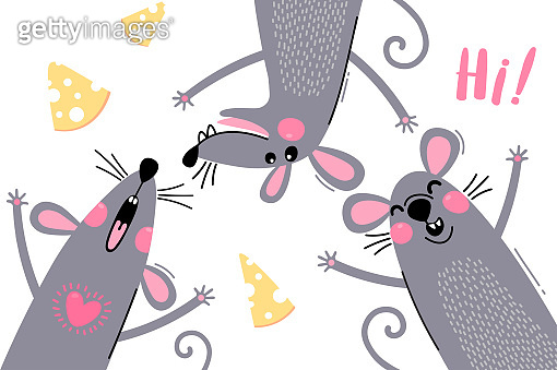 Welcome card with cute and funny rats. The mouse says hi. Vector ...