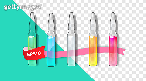 Set of transparent Medical Ampoules with Colorful liquid drug solution ...